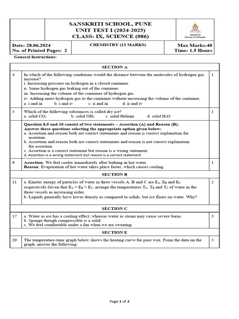 QP - Chemistry - Class Ix - Ut I - 24-25 | PDF | Water | Gases