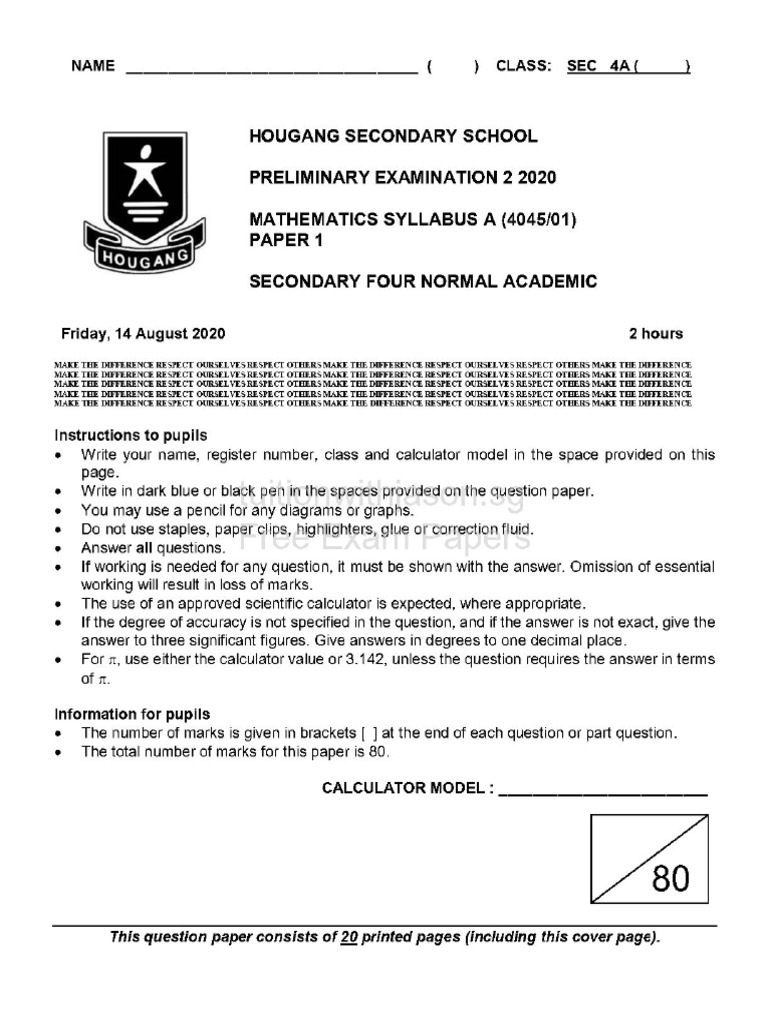 E-Math - Sec 4 NA - Prelims Exam Paper - 2020 - Hougang Sec | PDF
