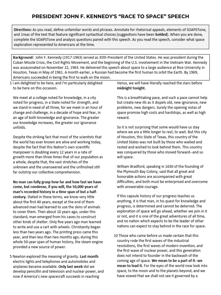 JFK's Race to Space Speech Analysis | PDF | Outer Space