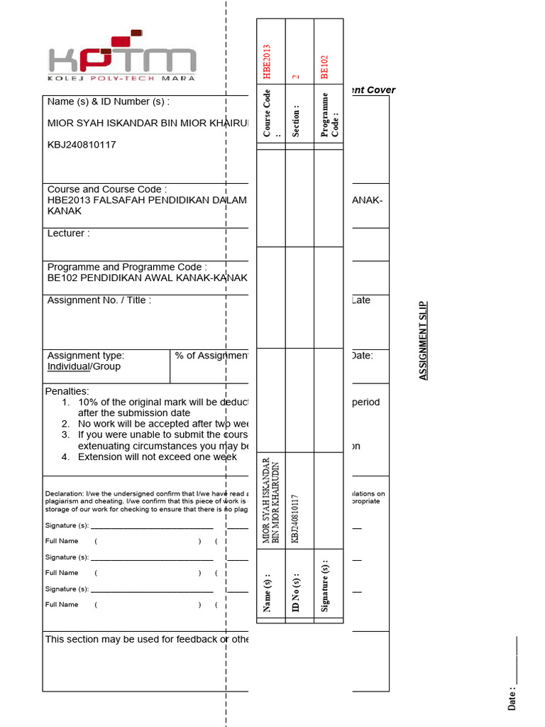 Assignment Cover for HBE2013 Course | PDF