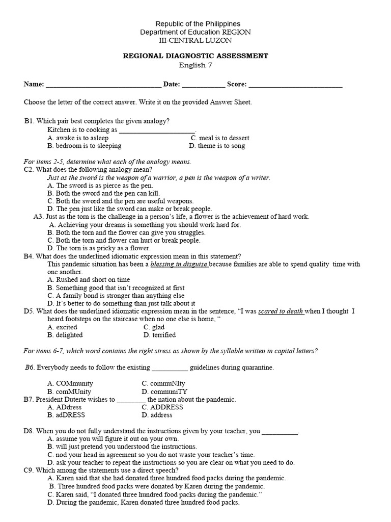 Diagnostic Assessment Tool in English - Grade 7 | PDF | Accuracy And ...
