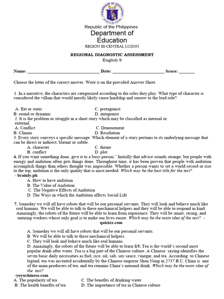 Diagnostic Assessment Tool in English - Grade 9 | PDF | Malnutrition ...