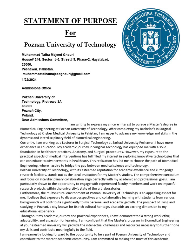 Statement of Purpose | PDF | Biomedical Engineering | Engineering