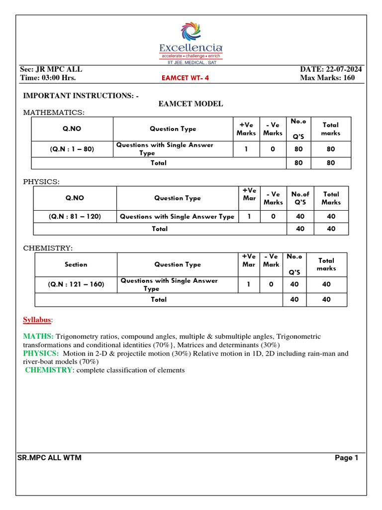 JR MPC All - Eamcet 22-07-2024 - QP & Key | PDF | Trigonometry | Euclidean Geometry