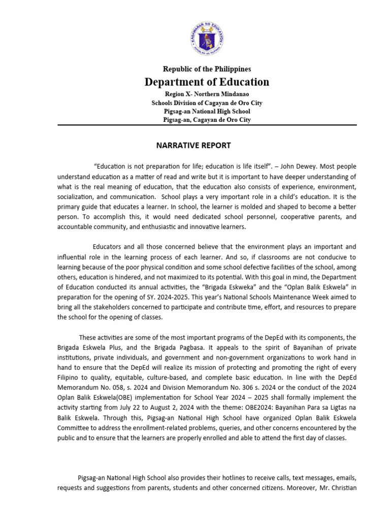 Narrative Report OBE | PDF | Learning | Teachers