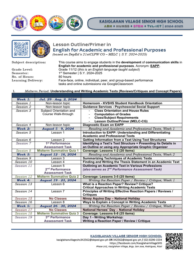 EAPP Midterm Period Lesson Outline Primer V.melc 2024 | PDF | Career ...