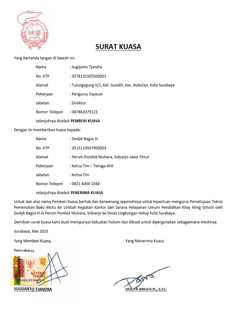 Surat Kuasa Pertek Limbah Cair Khayming | PDF