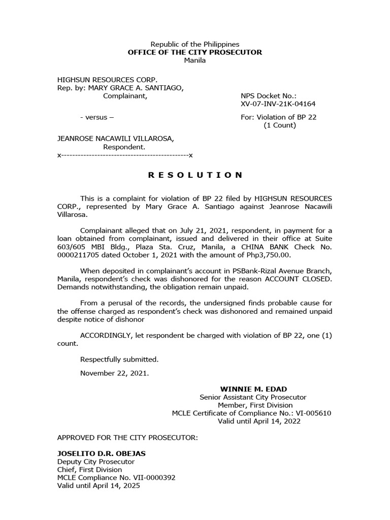 Highsun Vs Dela Cruz BP 22 EDAD | PDF | Law