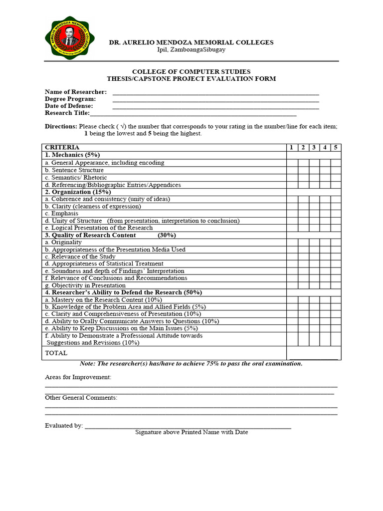 Thesis Ans Capstone Project Evaluation Form Pdf Thesis Human