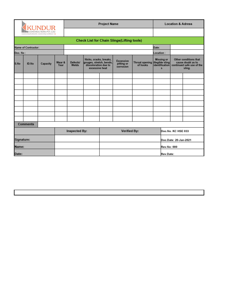 Chain Slings Checklist (Lifting Tools) | PDF