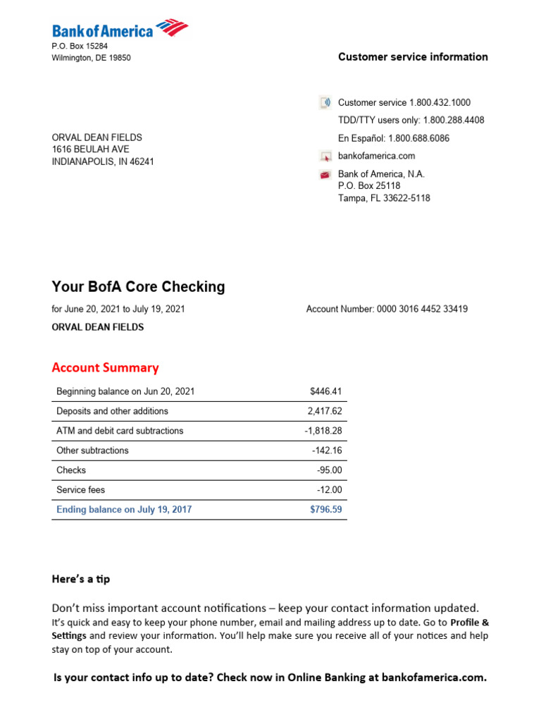 Bank of America Bank Statement 1 | PDF