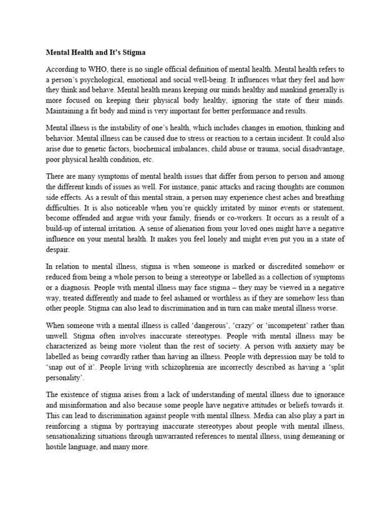 Mental Health and It's Stigma English Essay | PDF | Social Stigma ...