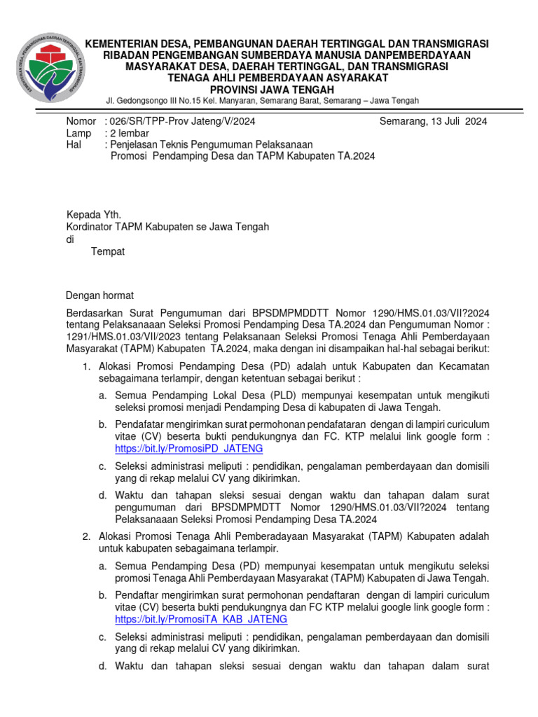 026 Surat Penjelasan Teknis Seleksi TPP Jateng 2024 | PDF