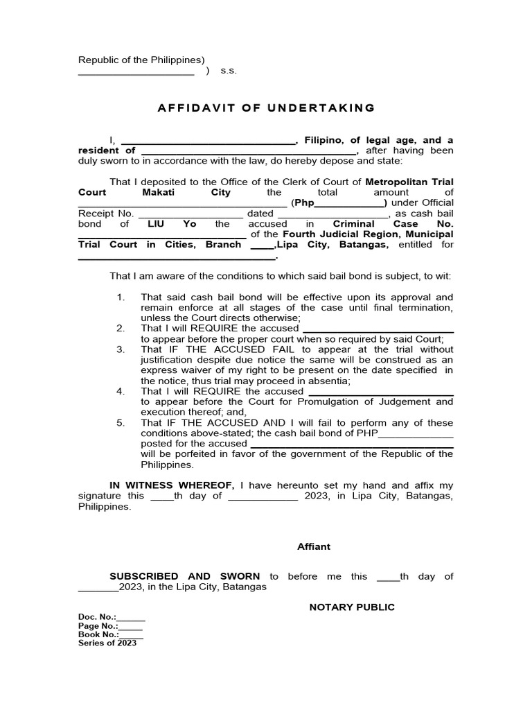 Bailbond Undertaking | PDF | Bail | Affidavit
