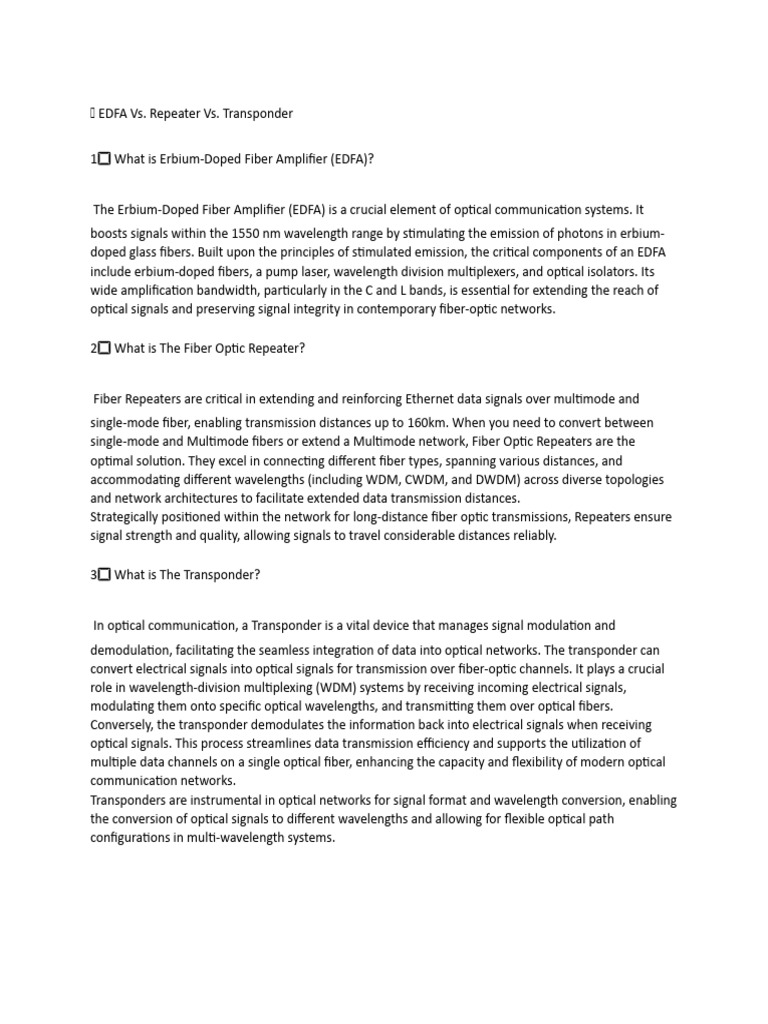EDFA vs. Repeater vs. Transponder | PDF | Wavelength Division ...