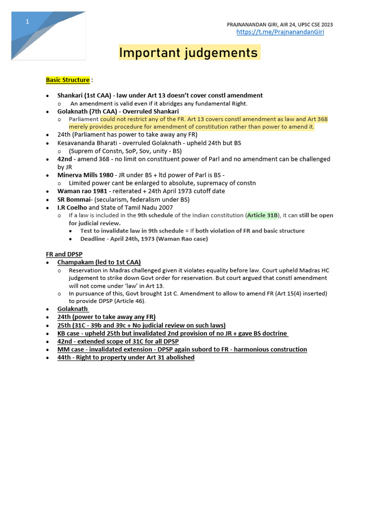 Important Judgements GS2 | PDF | Justice | Crime & Violence