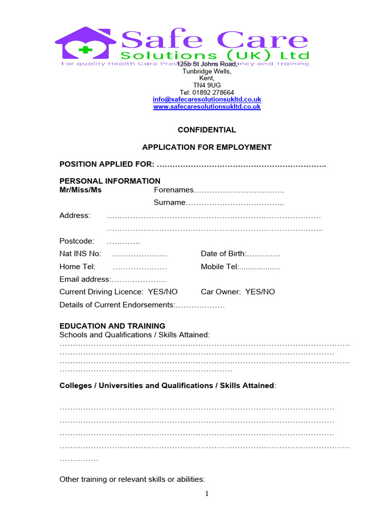 SAFE CARE SOLUTIONS (UK) LIMITED Application Form Template | PDF | Self ...