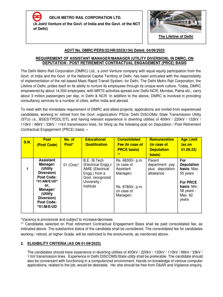Advertisement For The Post of AM or Manager UD On Deputation PRCE Basis ...