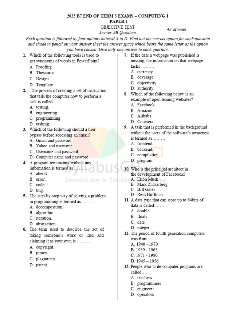 2023 B7 End of Term 3 Exams - Computing 1 | PDF | Artificial ...