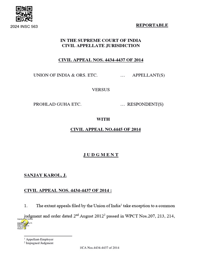Union of India and Ors Vs Prohlad Guha Etc On 1 August 2024 | PDF ...