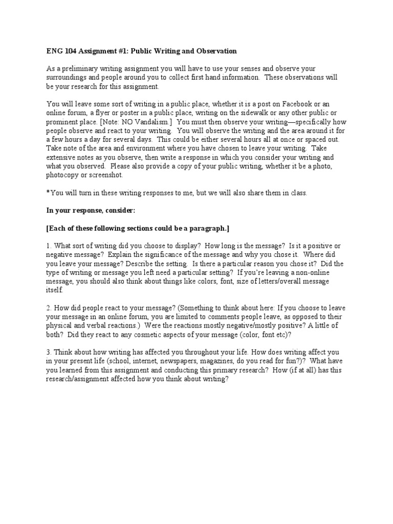 ENG 104 Assignment #1: Public Writing and Observation | PDF | Essays | Bibliography