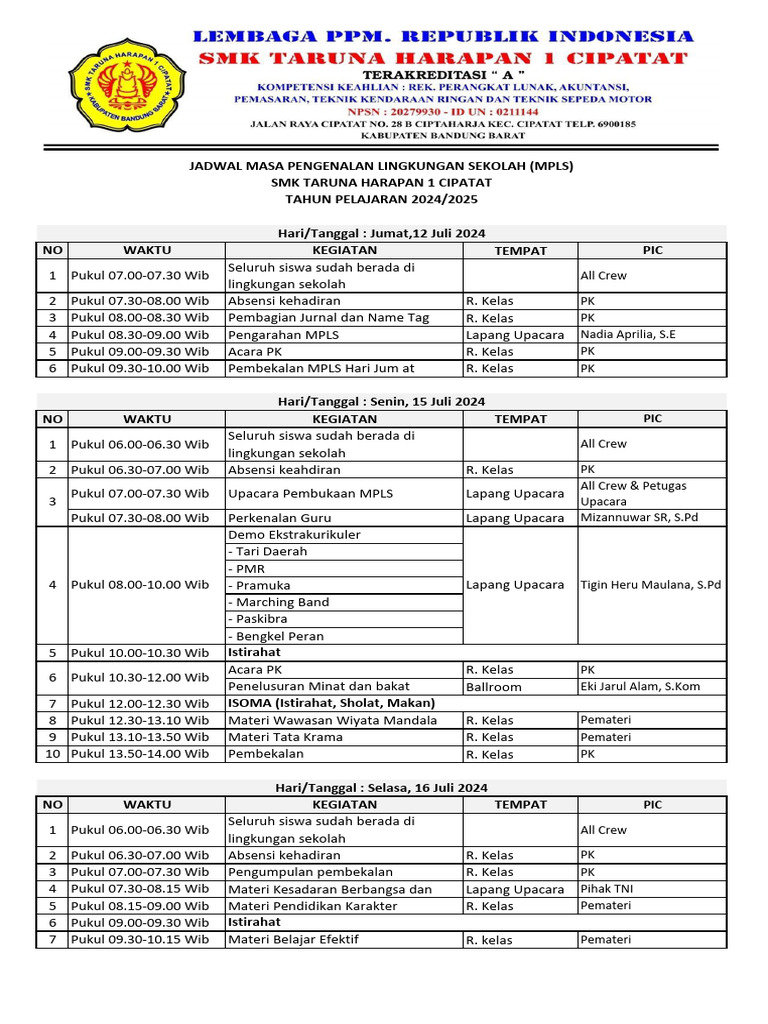 Jadwal Kegiatan MPLS T.P 2024 - 2025 | PDF