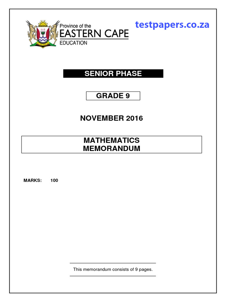2016 Grade 9 Maths Final Exam Ec Memo | PDF | Mathematics