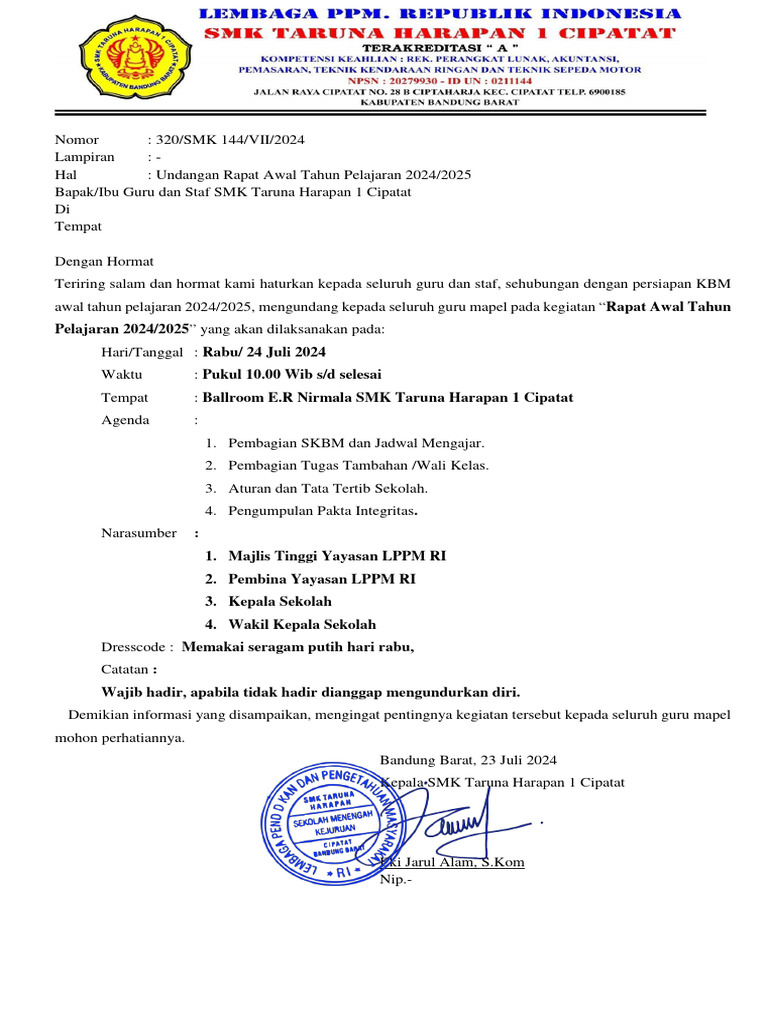 Surat Undangan Rapat Awal Tahun Pelajaran 2024 2025 Pdf