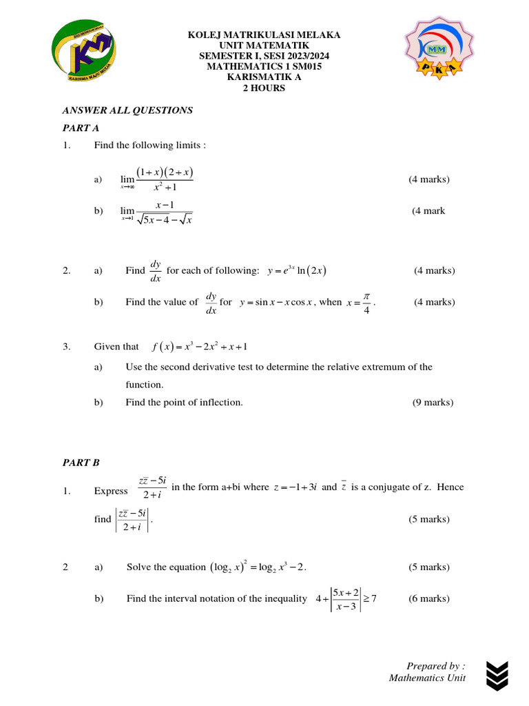 SM015 Mathematics 1 Past Year Questions | PDF | Mathematical Physics ...