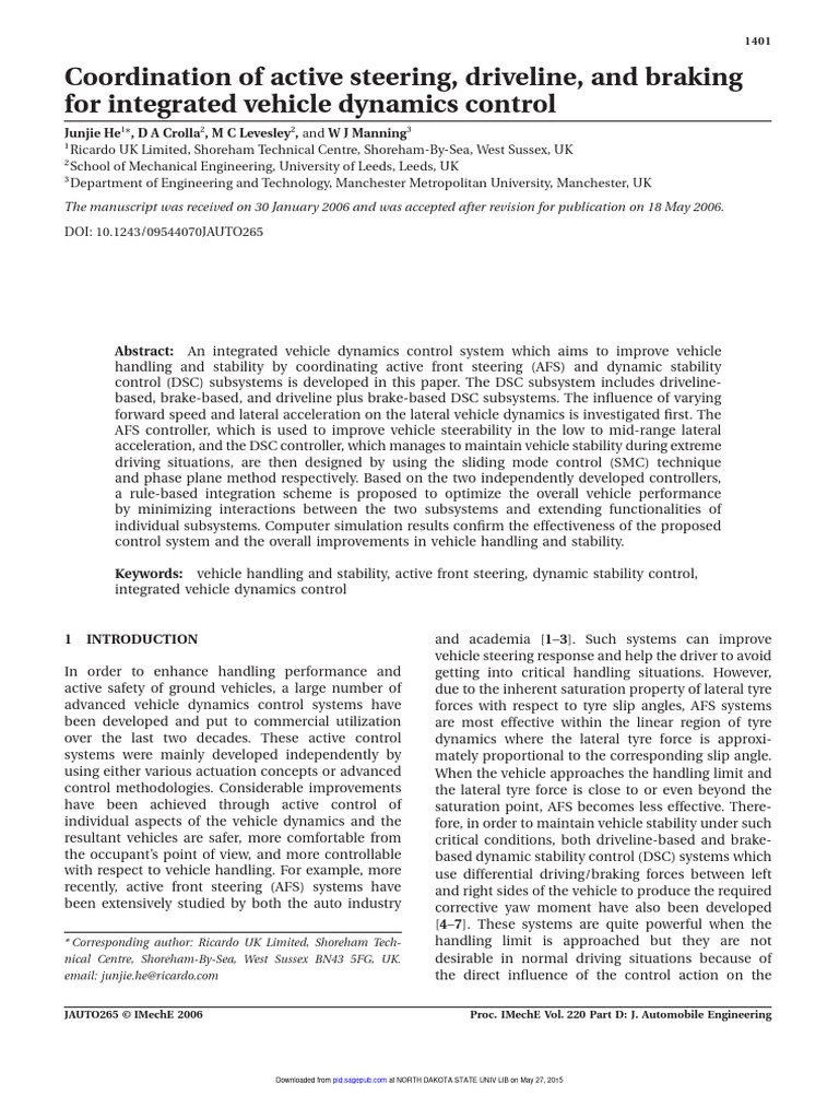 Coordination of Active Steering, Driveline, and Braking For Integrated ...