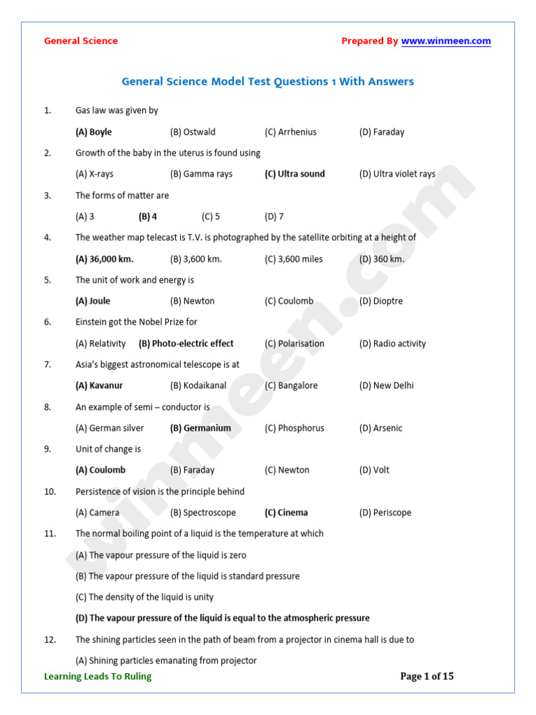 General Science Model Test Questions 1 in English With Answer | PDF ...