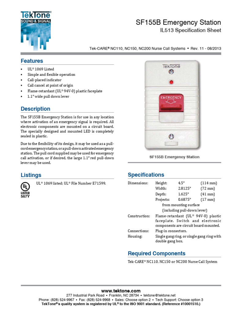 Tektone Sf155b Spec Sheet | PDF | Electricity | Equipment