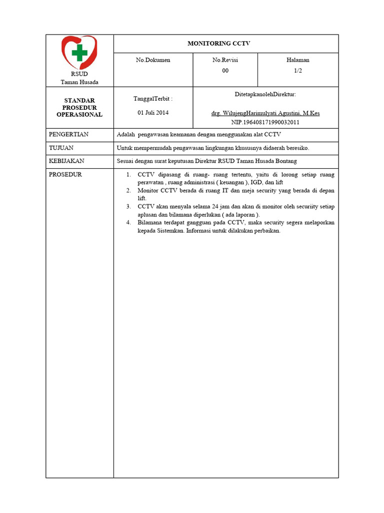 Prosedur Operasional Monitoring CCTV RSUD | PDF