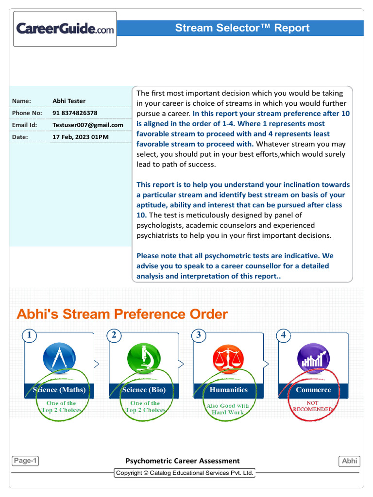 stream-selector-sample-report-3 | PDF | Liberal Arts Education | Behavioural Sciences