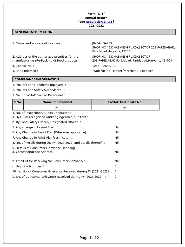 Form "D-1" Annual Return (See 2021-2022 General Information: Regulation ...
