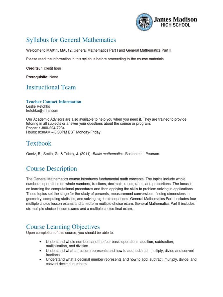 General Mathematics Jmhs Syllabus | PDF | Mathematics | Ratio