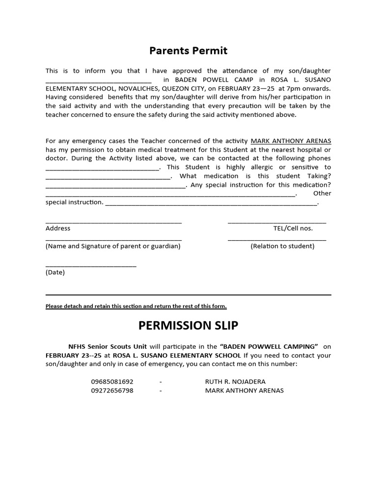 BP Camp Parents Permit | PDF | Self-Improvement