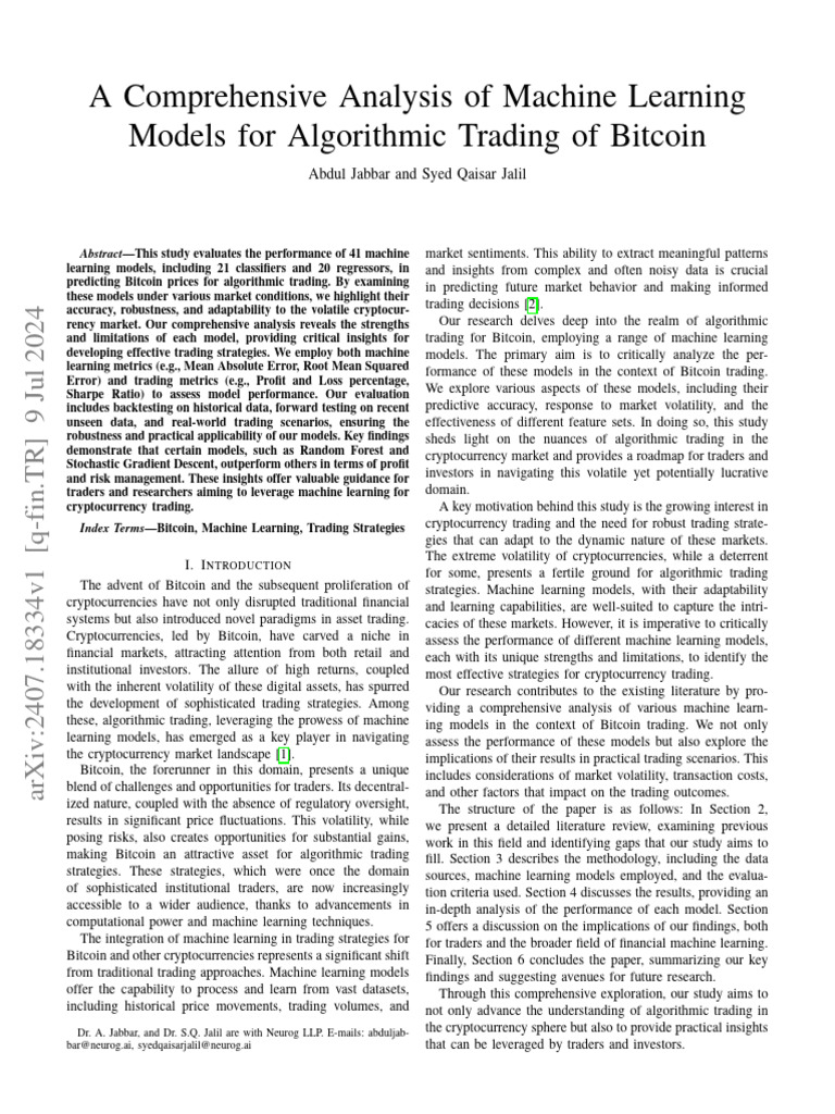 A Comprehensive Analysis of Machine Learning Models For Algorithmic Trading of Bitcoin | PDF ...