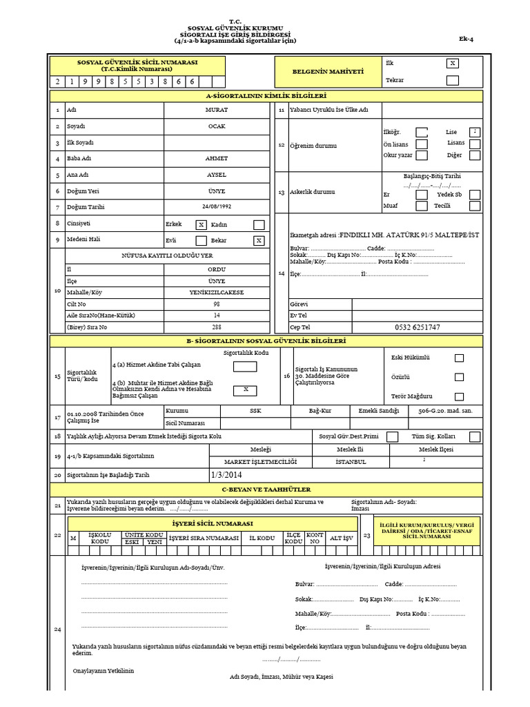 BAĞKUR - Sigortalı İşe Giriş Bildirgesi 41ab | PDF