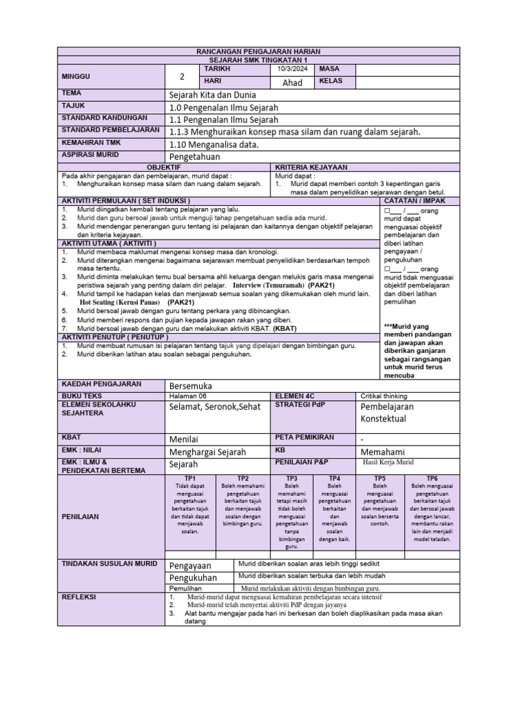 RPH SMK Minggu 2 Sejarah Tingkatan 1 2024 2025 by Cikgu Gorgeous | PDF