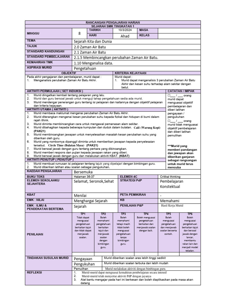 RPH SMK Minggu 8 Sejarah Tingkatan 1 2024 2025 by Cikgu Gorgeous | PDF