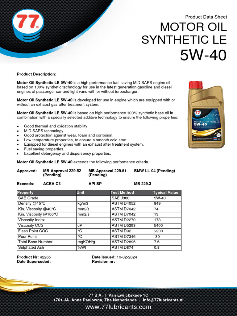 77 MOTOR OIL SYNTHETIC LE 5W-40 v0 | PDF | Motor Oil | Engineering