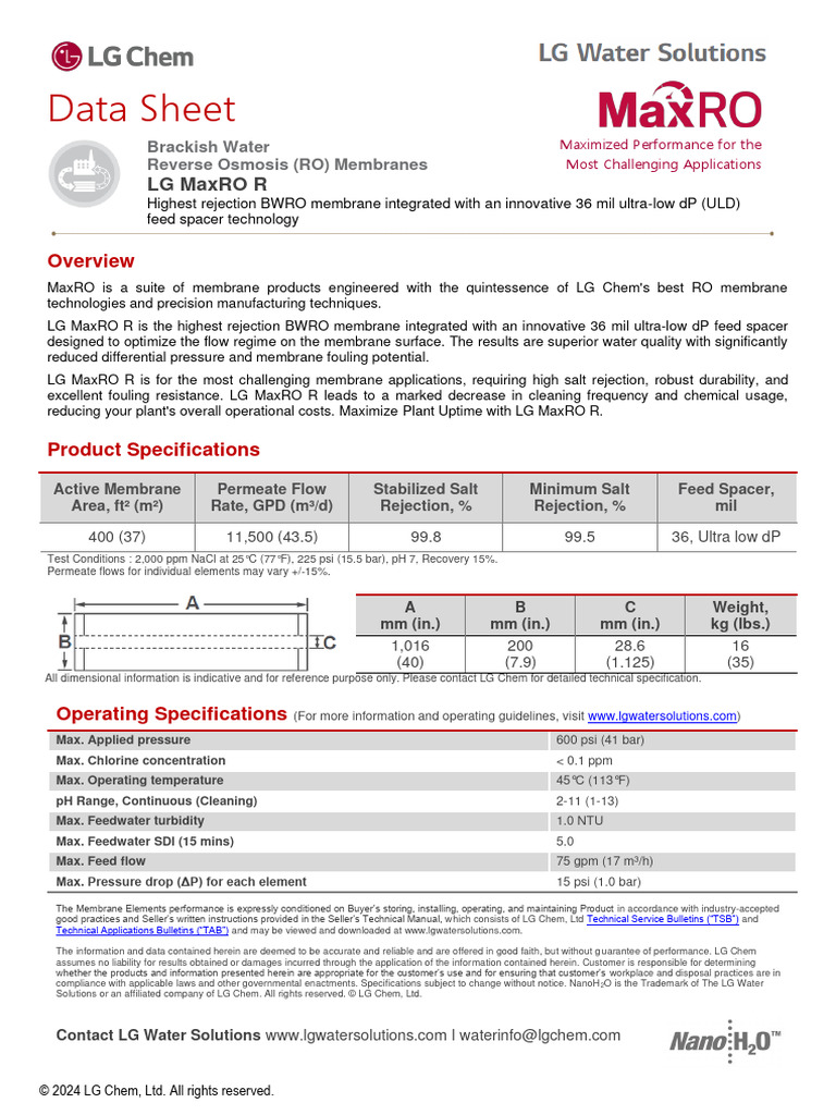 Datasheet LG MaxRO R ENG | PDF | Membrane | Environmental Engineering