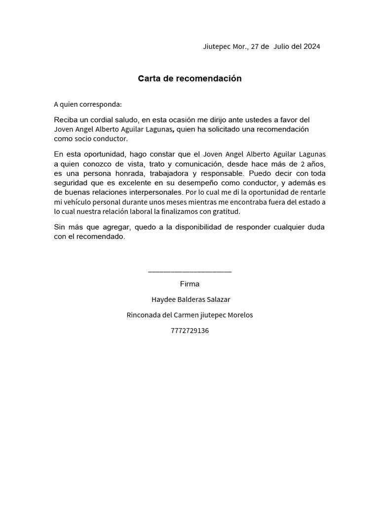 Carta de Recomendacion Laboral para Chofer | PDF