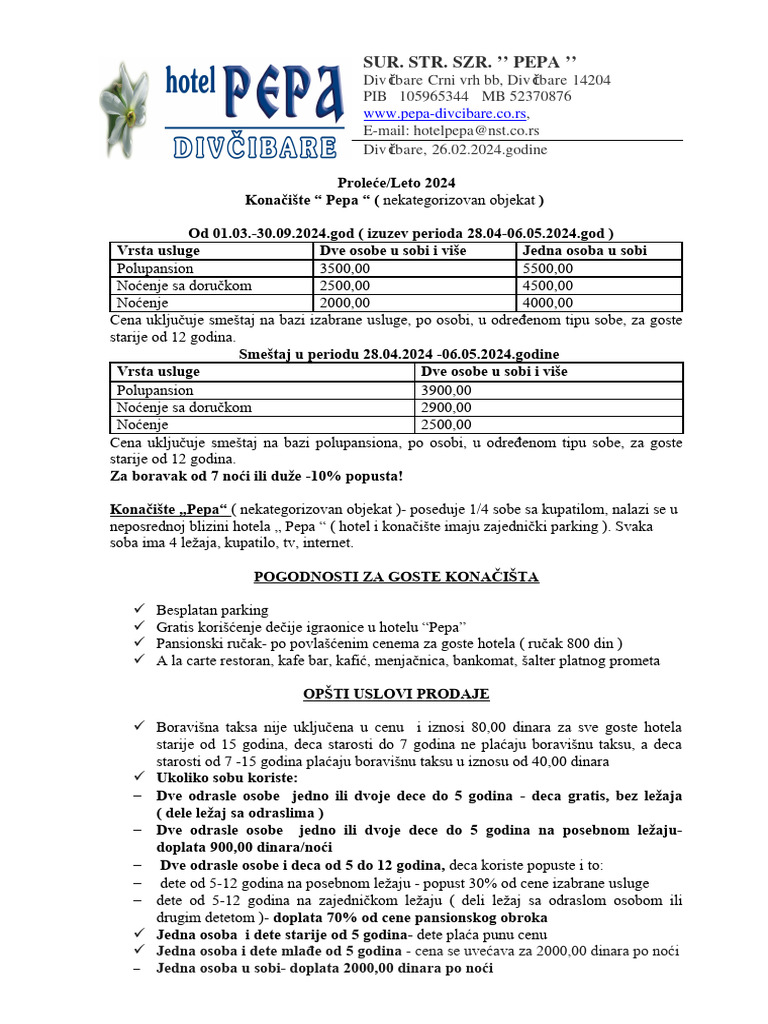 Konačište Pepa Prolece Leto 2024 | PDF