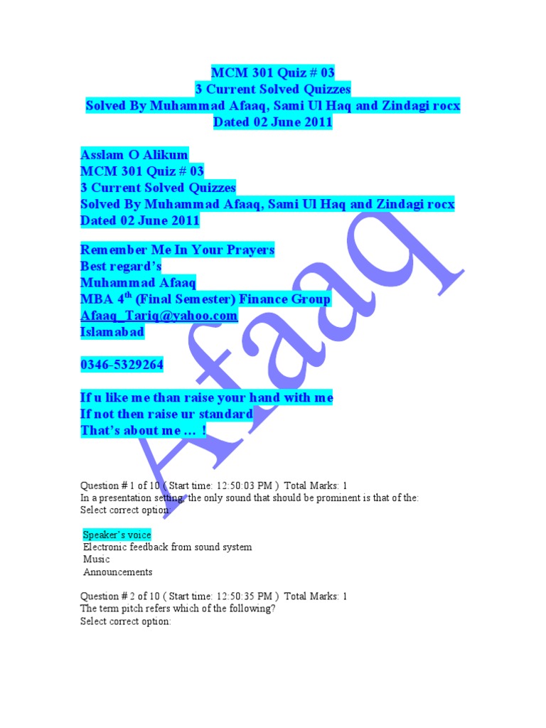 MCM 301 3rd Quiz Solveds by Afaaq, Sami Ul Haq and Zindagi Rocx | PDF | Information | Semiotics