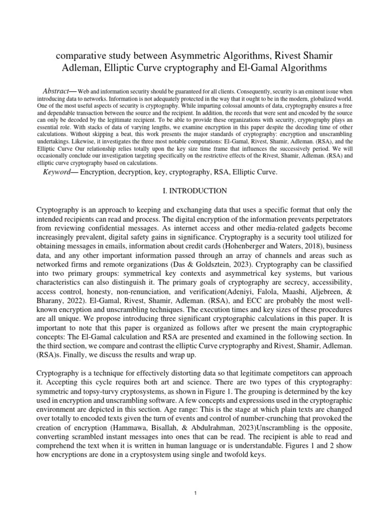 Comparative Study Between Asymmetric Algorithms, Rivest Shamir Adleman, Elliptic Curve ...