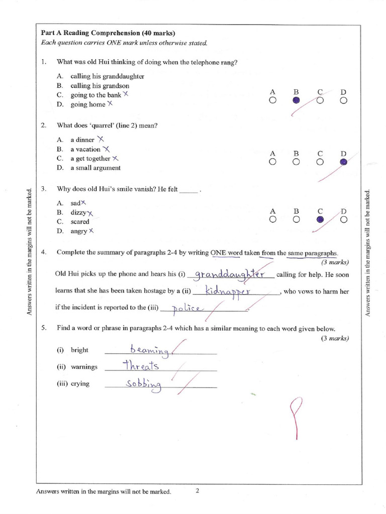 English 2nd Term Exam Paper 1 Ans Sheet | PDF