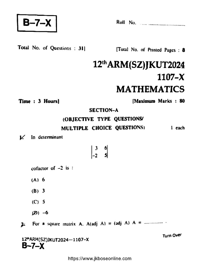 JK Bose Class 12 Mathematics 1107 X 2024 | PDF