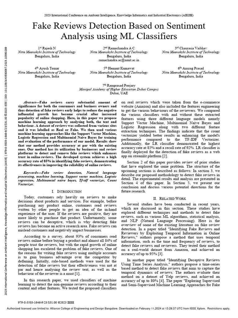 Fake Reviews Detection Based On Sentiment Analysis Using ML Classifiers | PDF | Machine Learning ...